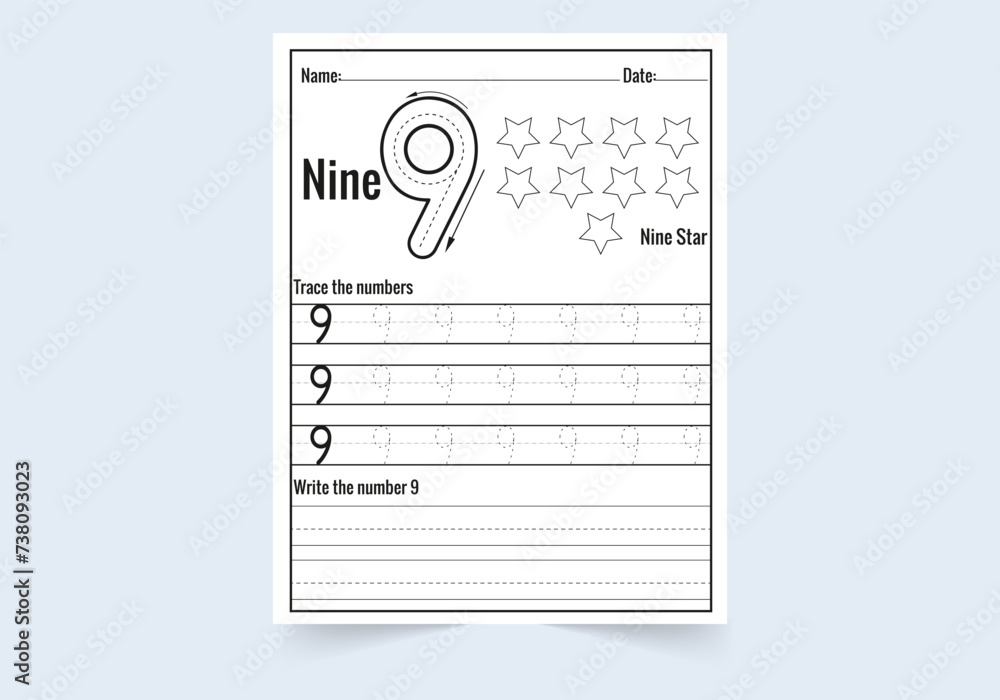 Number nine tracing practice worksheet. write and count numbers and ...