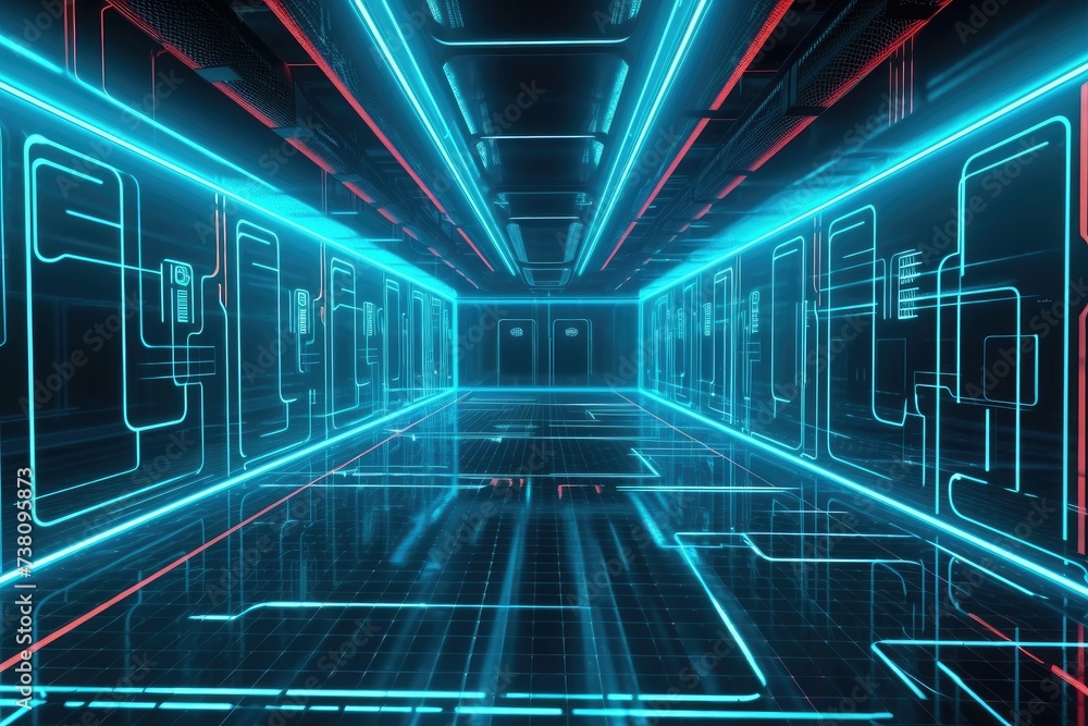 Image of binary code network, ai, futuristic computing matrix corridor ...