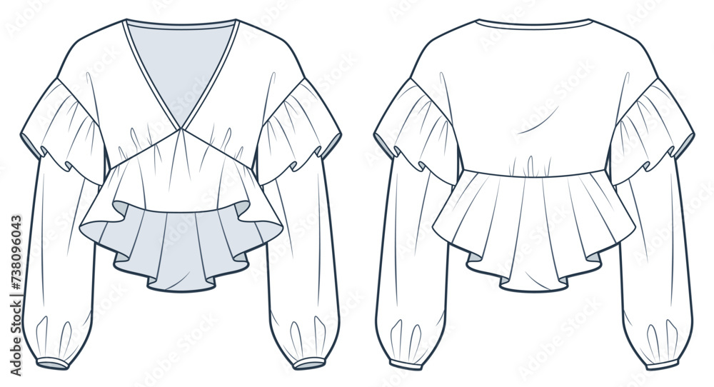 Ruffle Top technical fashion Illustration. Ruffle Blouse fashion flat ...