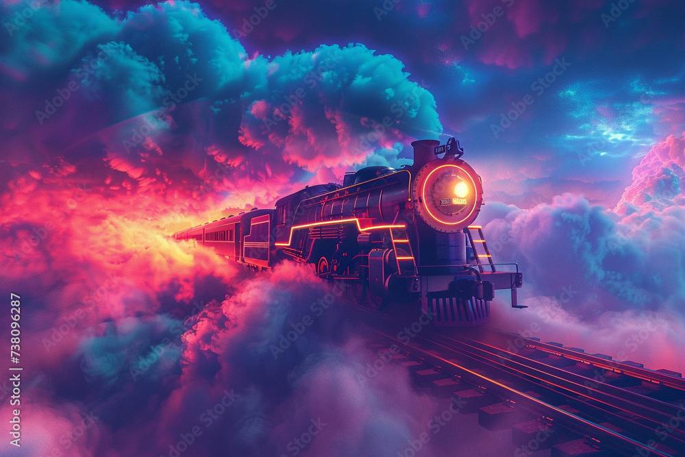 Create a breathtaking 3D render of a vintage train enveloped in a ...