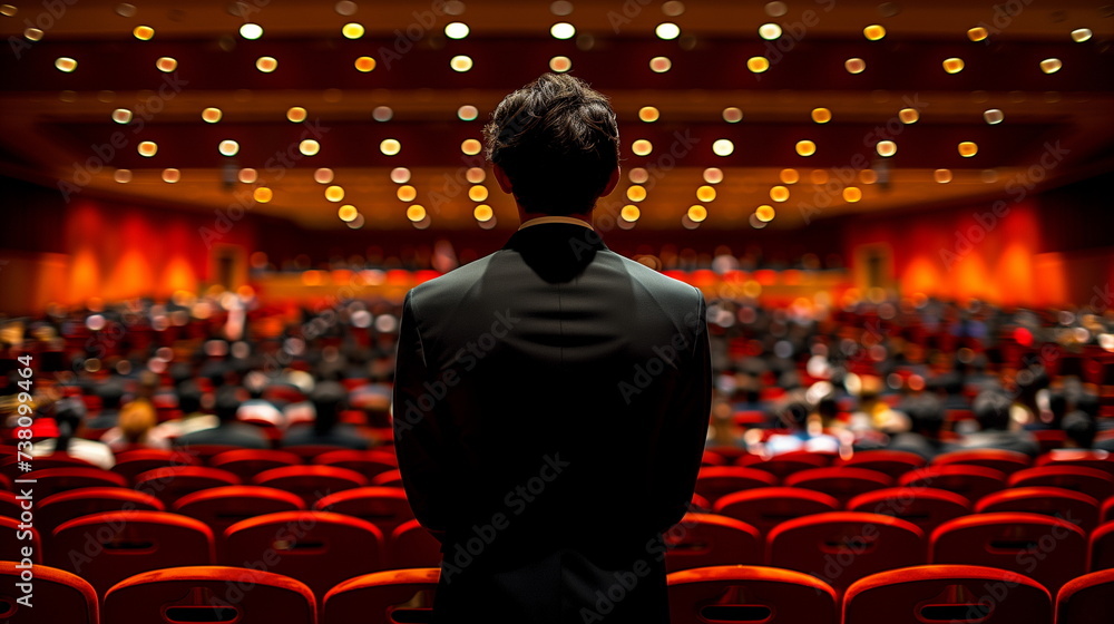 Speaker at a podium facing an audience in an auditorium with red seats ...