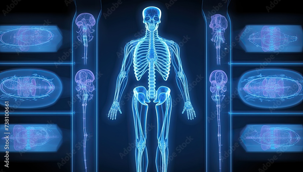 Futuristic tech medical HUD interface, human body background physiology ...