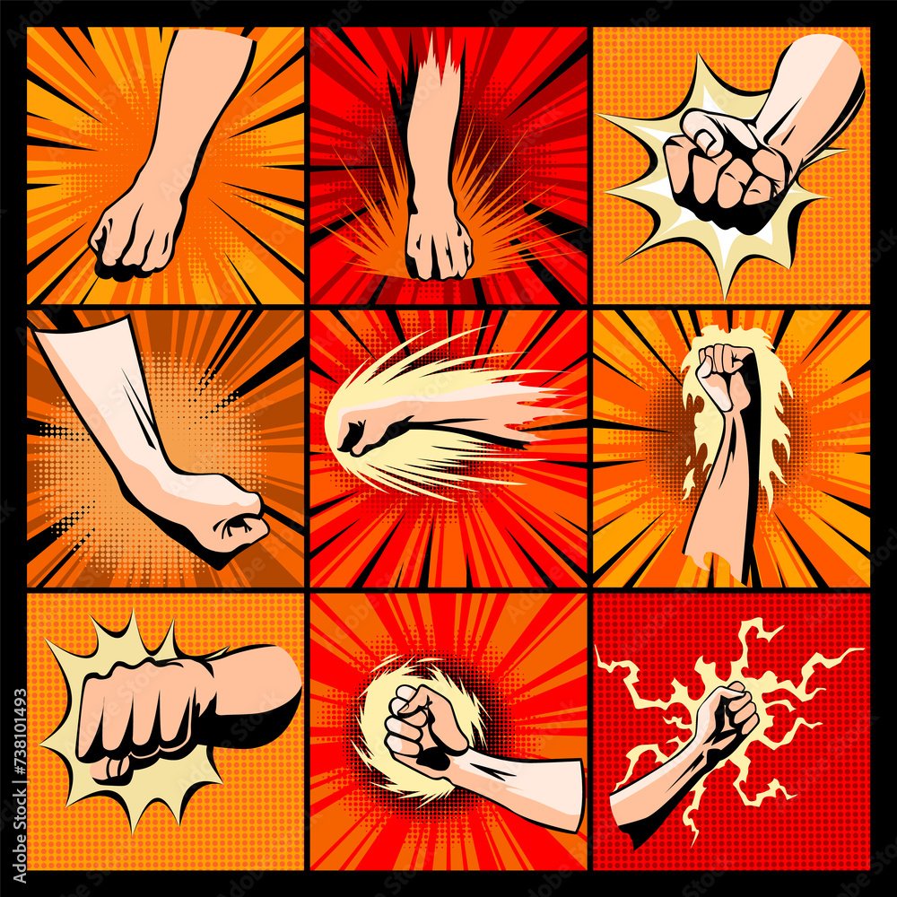 Set of hand fists with comics background. Blow fists flat cartoon ...