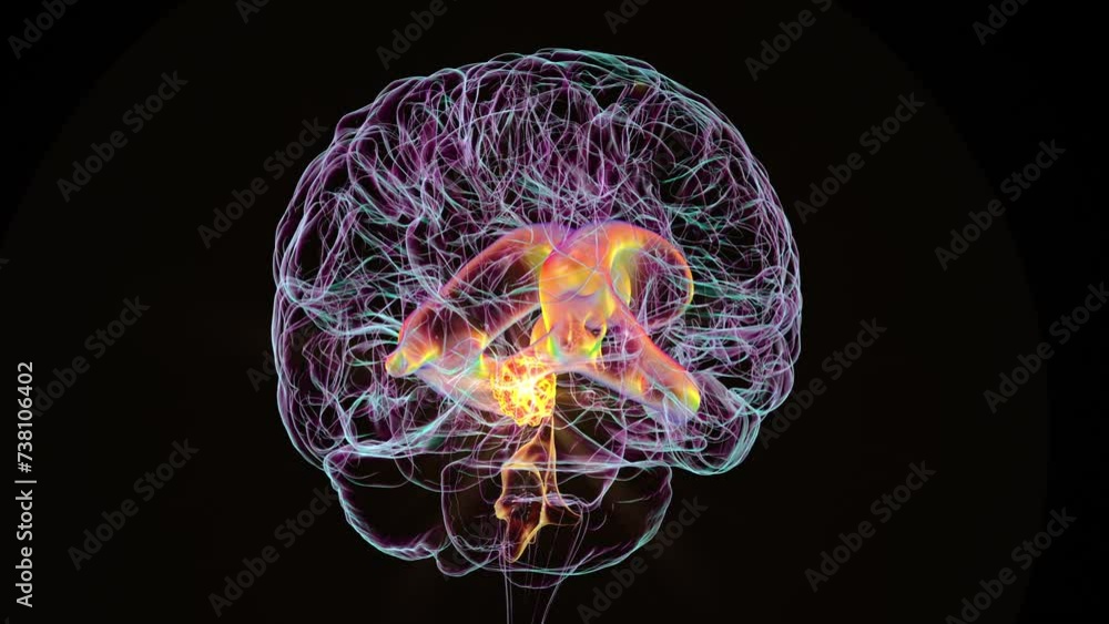 A 3D scientific animation depicting enlarged lateral and third ...