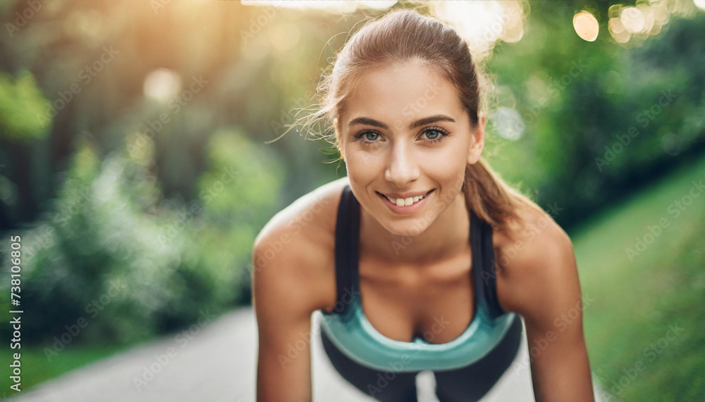 Confident woman in sports bra bends, revealing cleavage, symbolizing ...