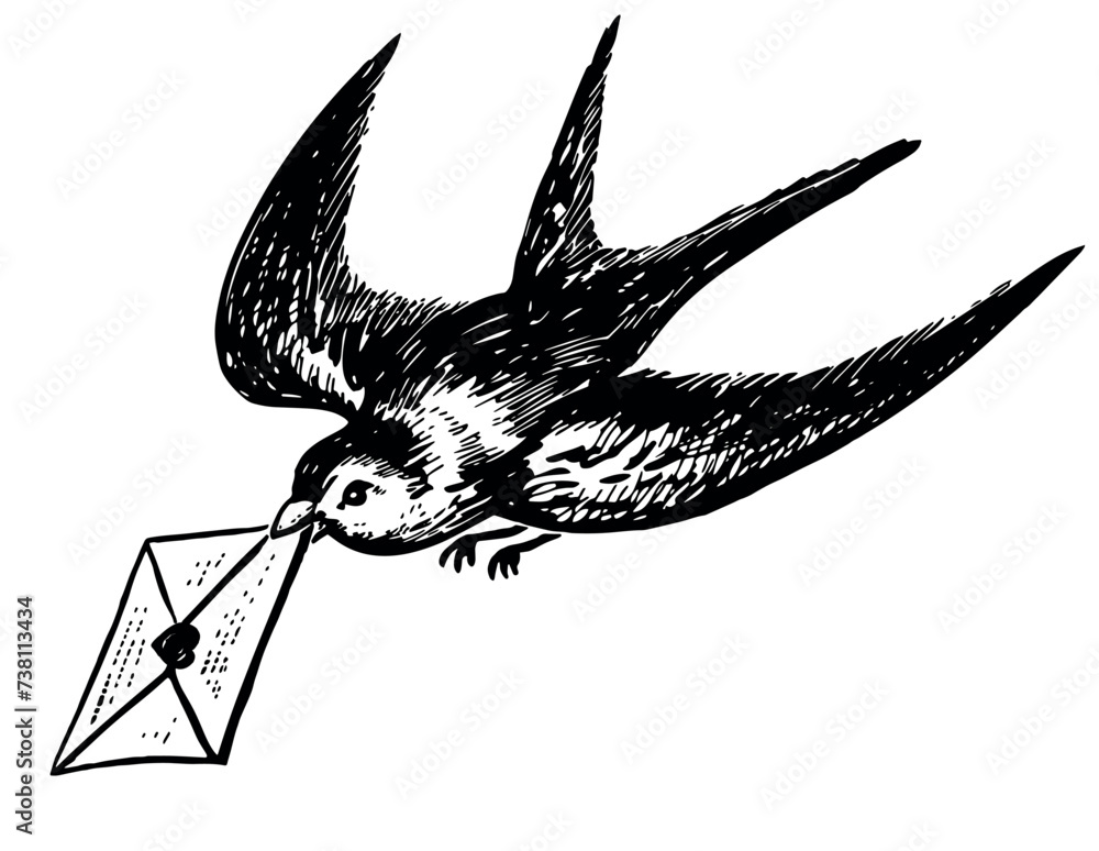 Hand drawing of one cute swallow bird flying and carrying envelope with ...
