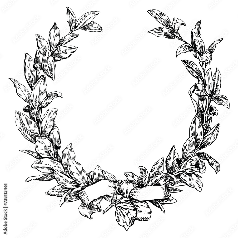 Hand drawing of laurel wreath with ribbon, black and white vector ...