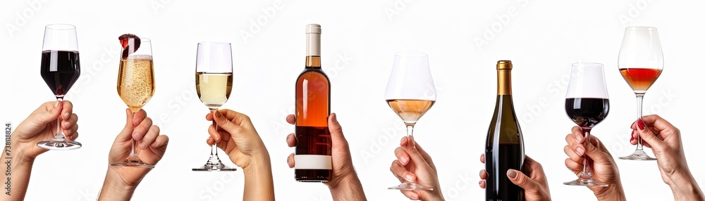 Diverse Collection of Wine Glasses and Bottles An array of hands ...