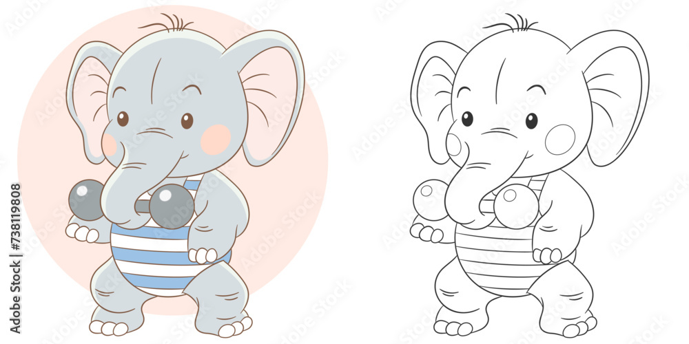 Vetor de Strong elephant bodybuilder. Cute baby animal character. Set ...