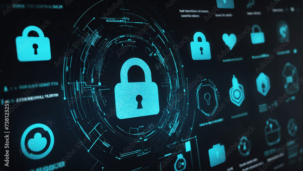 Locked Data Files, screen displaying a series of file icons lock symbol. Digital interface ...