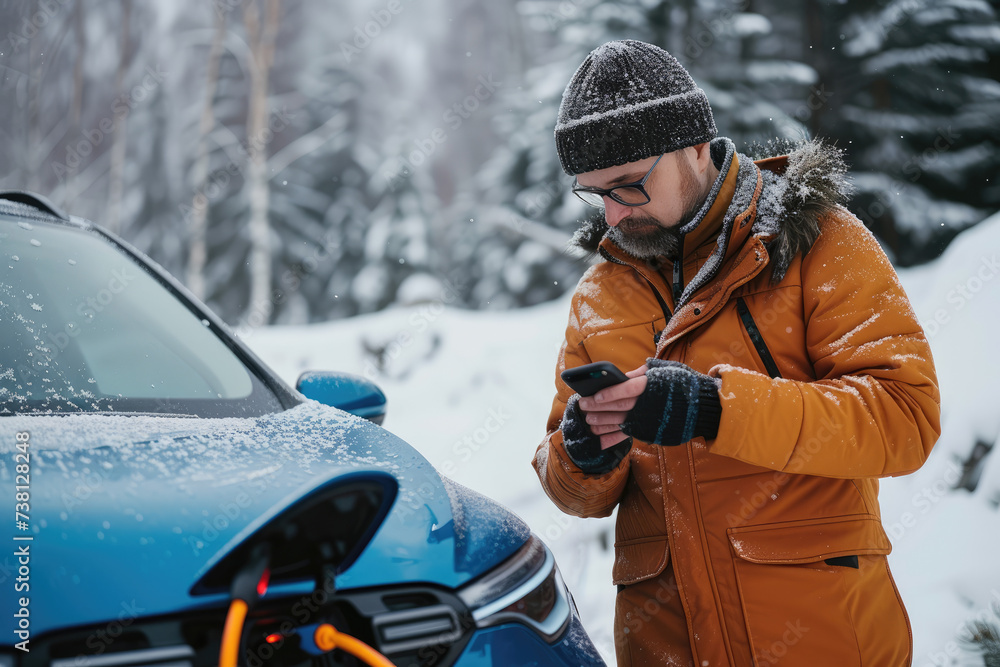 Man charging electric car during cold snowy day, using electric vehicle ...