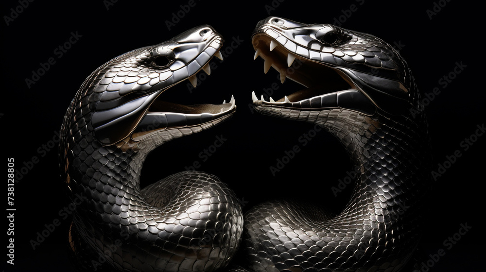 a 3d render of a silver render of two cobra's intertwined sticking ...