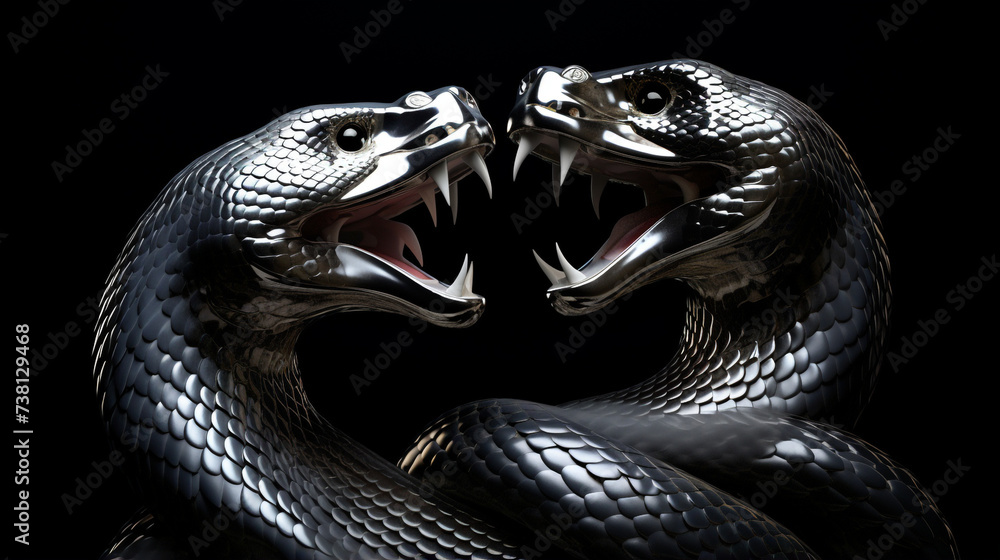 a 3d render of a silver render of two cobra's intertwined sticking ...