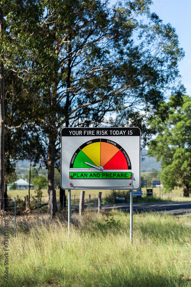 Fire danger rating sign on rural roadside in NSW Australia reading ...