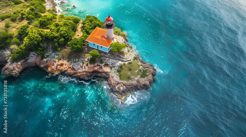 Aerial view of a lighthouse on a secluded island, surrounded by ...
