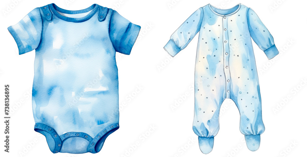 Set of Watercolor baby onesie in blue shades, isolated on transparent ...