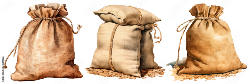 Set of watercolor burlap sack, isolated on transparent background Stock ...