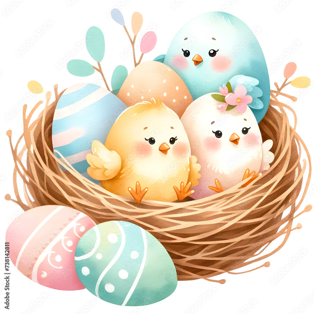 Cute easter chick in nest watercolor clipart with transparent ...