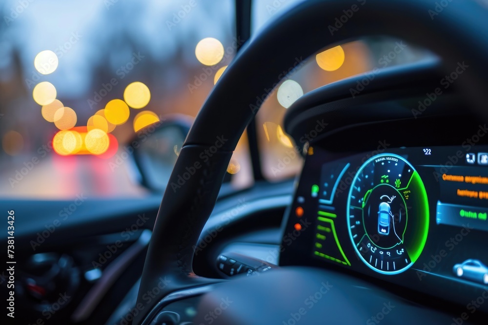 The dashboard of a vehicle featuring a digital speedometer displaying ...