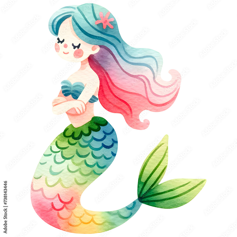 Cute watercolor mermaid clipart with transparent background Stock ...