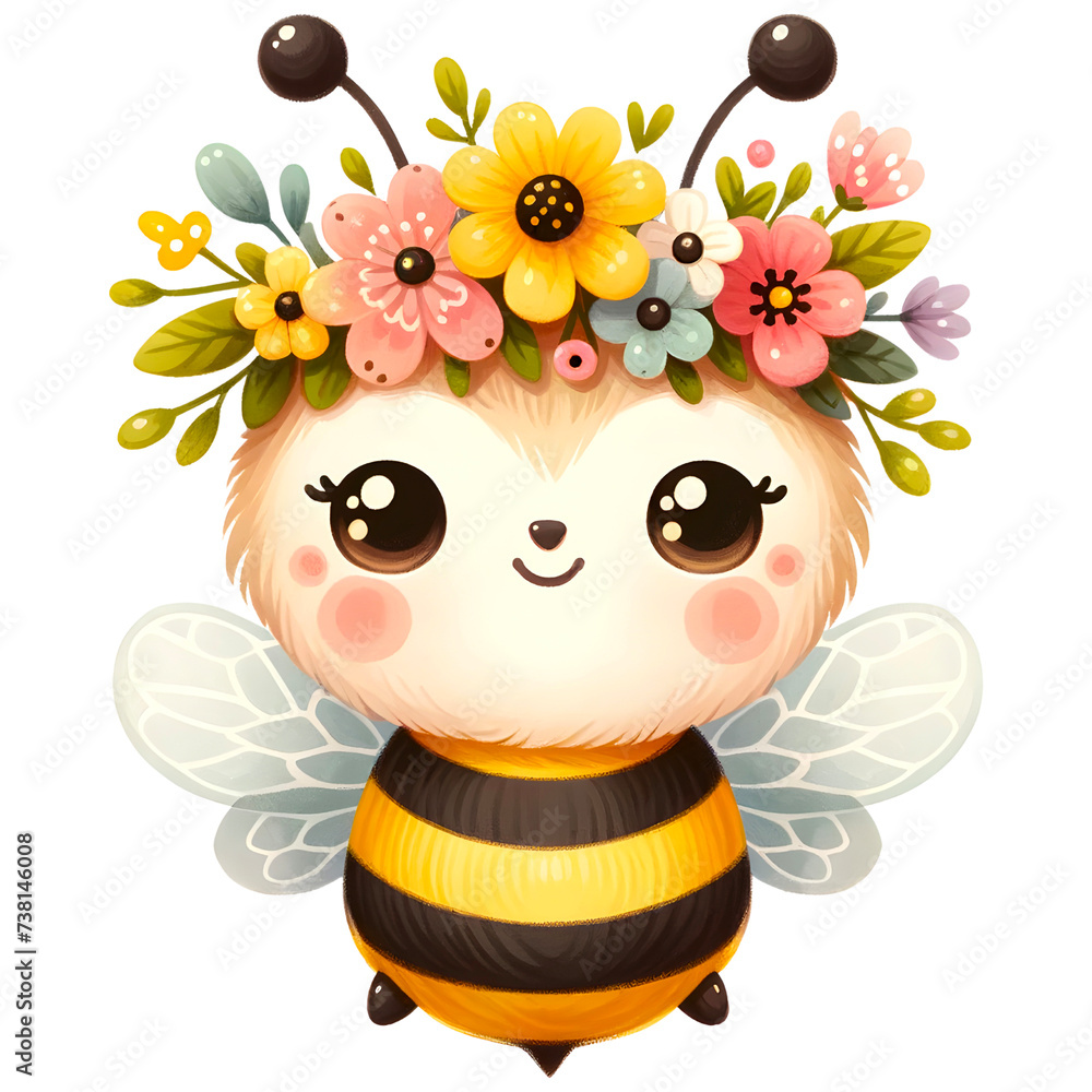 Cute floral bee watercolor clipart with transparent background Stock ...