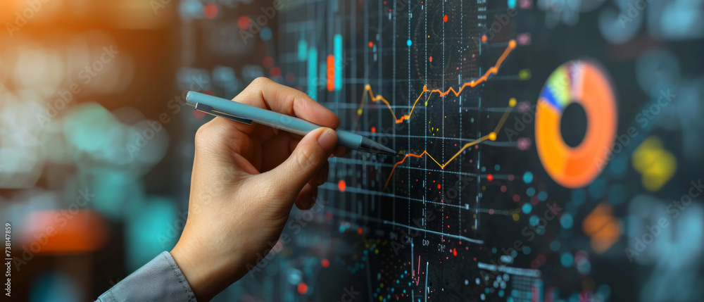 A hand with a graphing pen and trading indicator in front of a computer ...