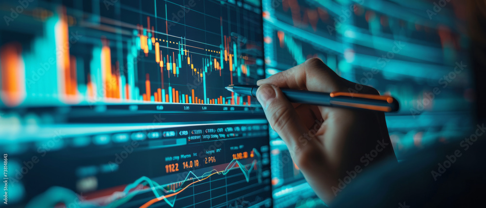 A hand with a graphing pen and trading indicator in front of a computer ...
