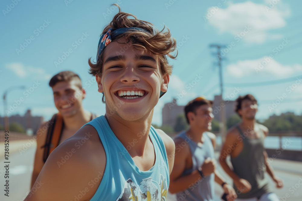 group of cheerful young men students laughing walking on a road happy ...