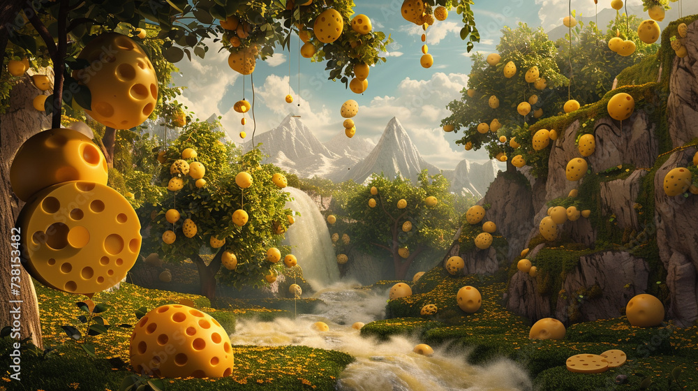 Surreal cheese centric landscape where trees grow giant cheese wheels ...