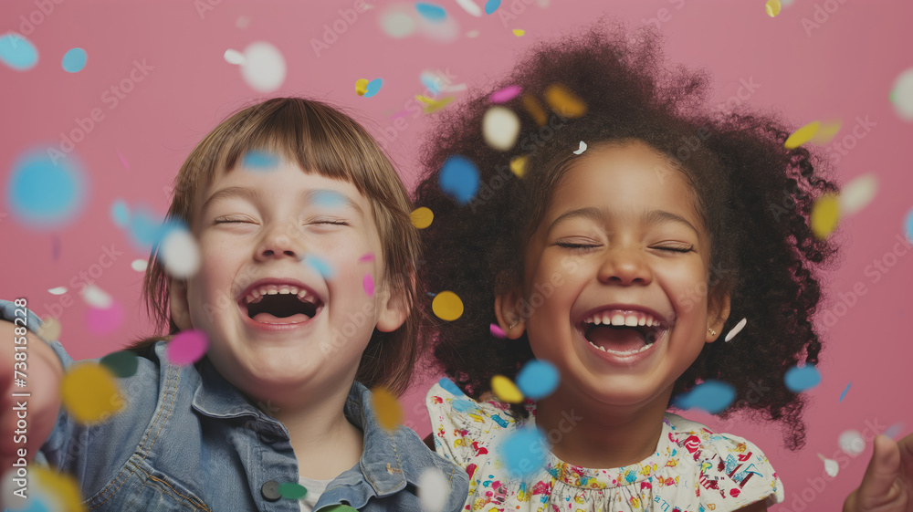 Portrait of two kids, children of different nationalities in jeans and ...