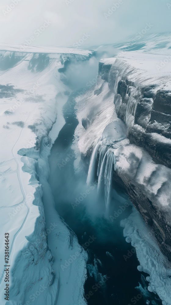 Nature's frozen masterpiece cascades down a mountain, its icy waters creating a stunning glacial ...