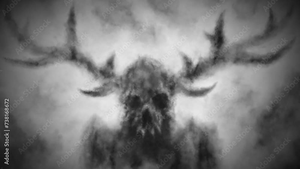 Creepy skull with deer antlers in fog. Scary deer demon. Spooky 2d ...