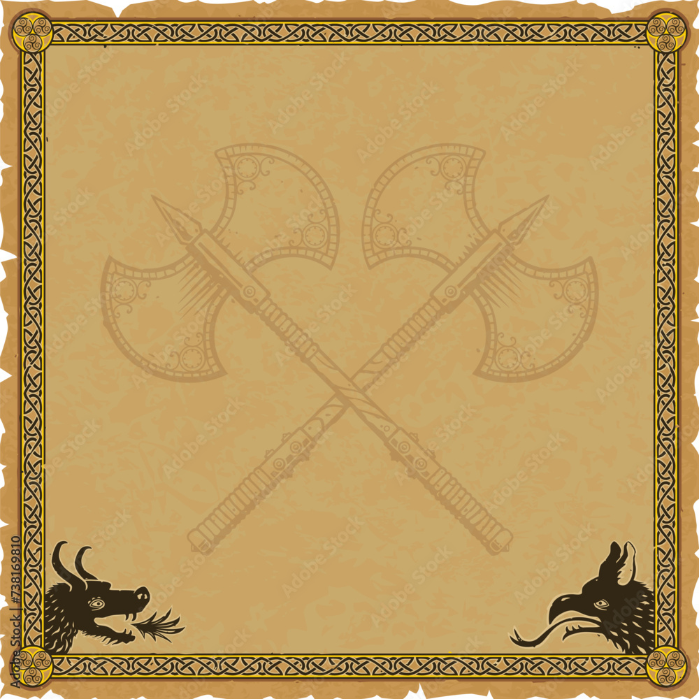 Medieval Parchment with Celtic Frame, Dragons, Crossed Double Axes ...