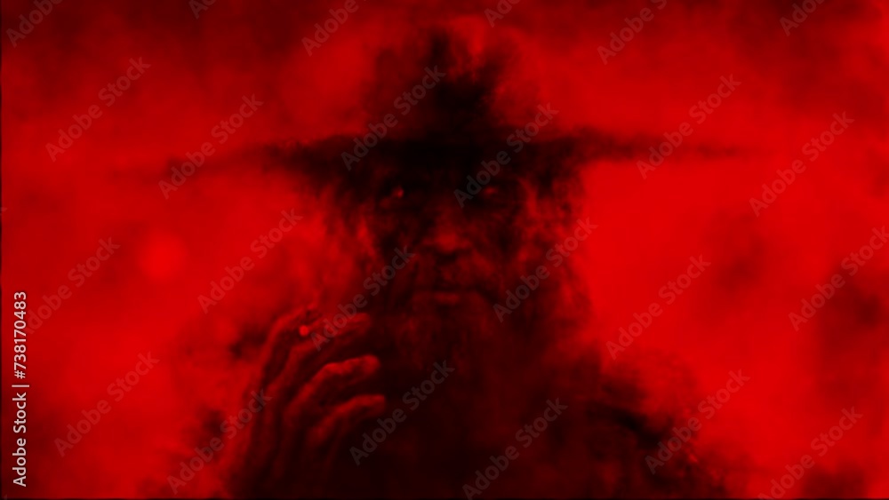 Evil sorcerer face 2D animation. Dark man in big hat smokes cigarette ...