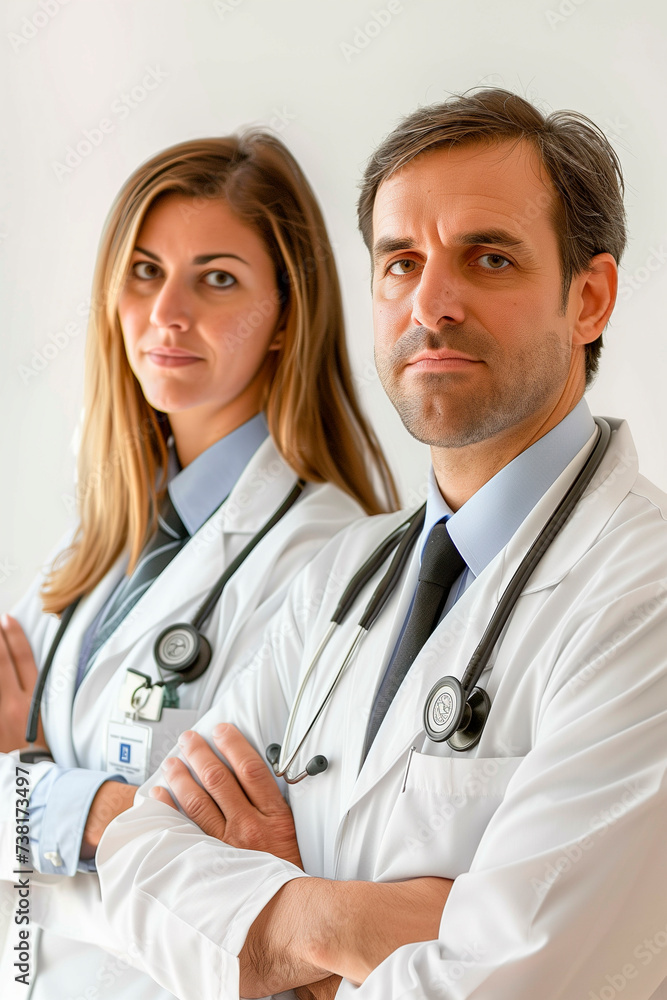 two doctors, hispanic 30 yo female in front and caucasian 40 yo male ...