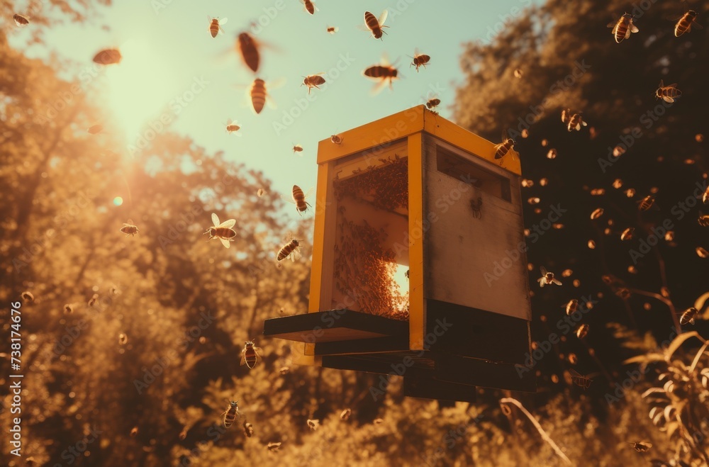A solitary bee braves the winter chill, fluttering among the bare ...