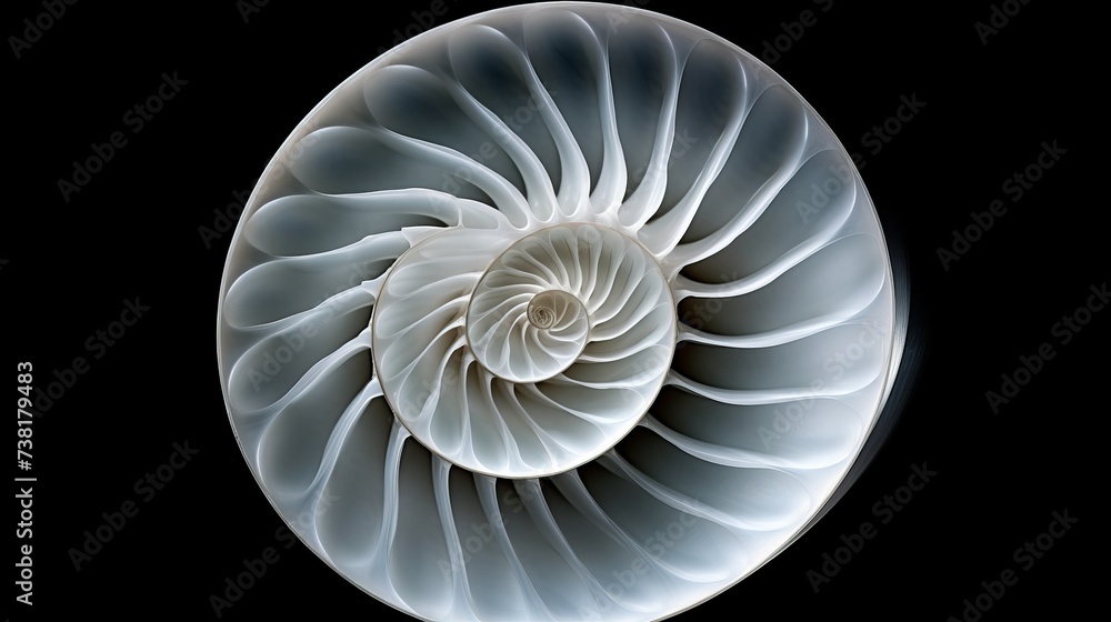 Detailed black and white photo of a halved shell of a chambered ...