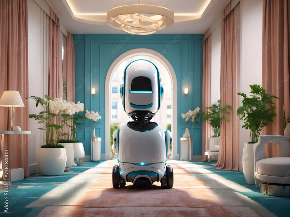 A broad sign depicting a robot butler or room service bringing luggage ...