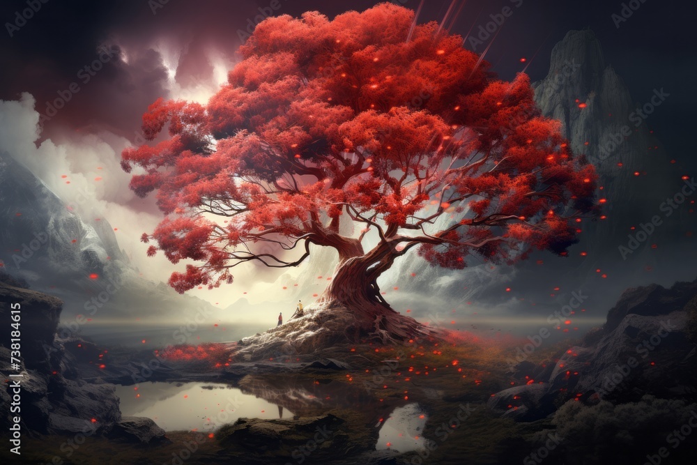 Illustration of a fantastic magic big red tree with deep strong roots ...