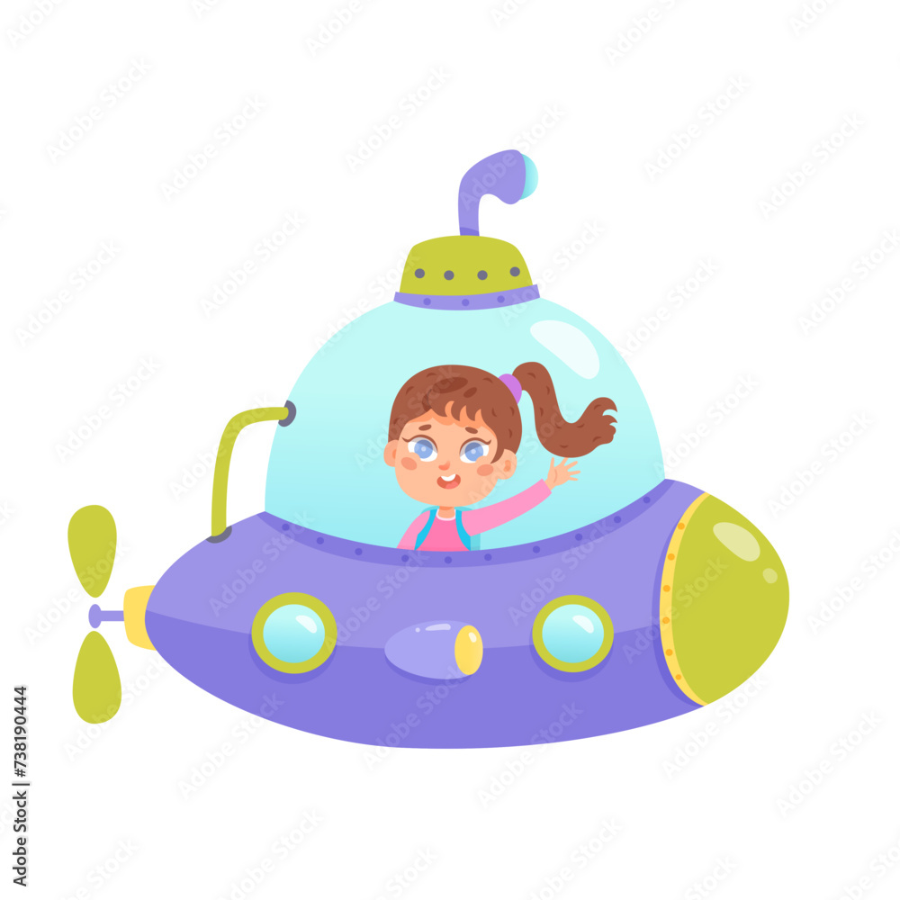 Cute sea submarine with kid vector illustration. Cartoon isolated happy ...