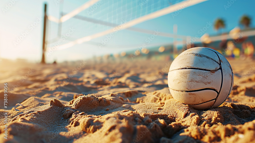 An old worn volleyball on the sand near the volleyball net under a ...