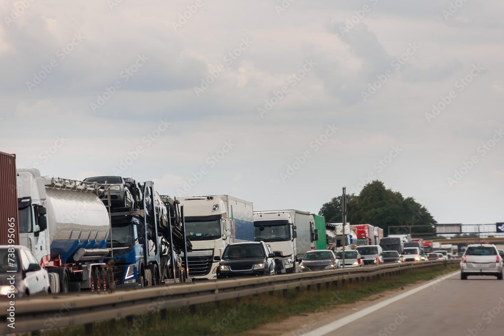 Queue of Trucks on Ukraine-Poland Border traffic jam at Sunset During ...