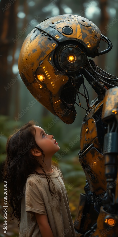 young girl looking robot woods promotional face close kisses wordless spells yellow cyborg eyes ...