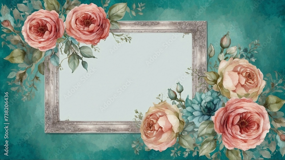 vintage framework for cards or congratulation with flowers, teal color ...
