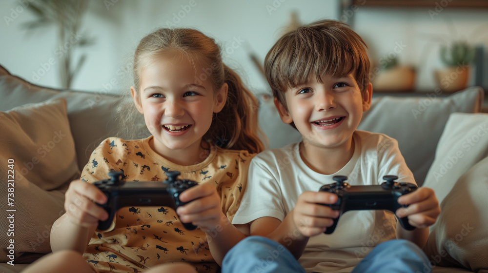 Boy and girl are immersed in playing a video game console at home ...