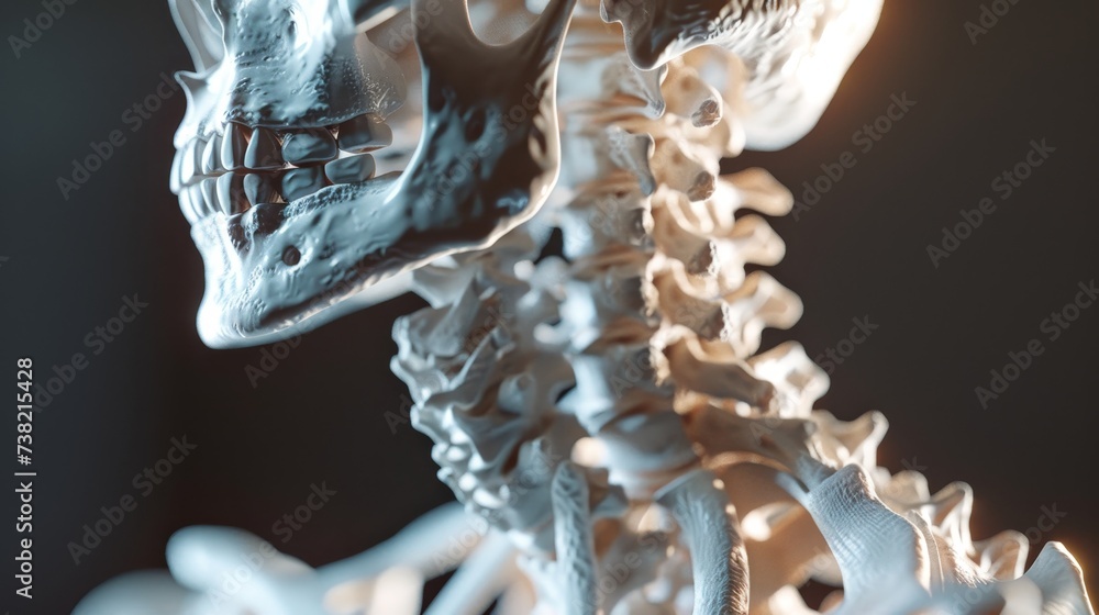 Close-up of a human skull and cervical spine model, highlighting the ...