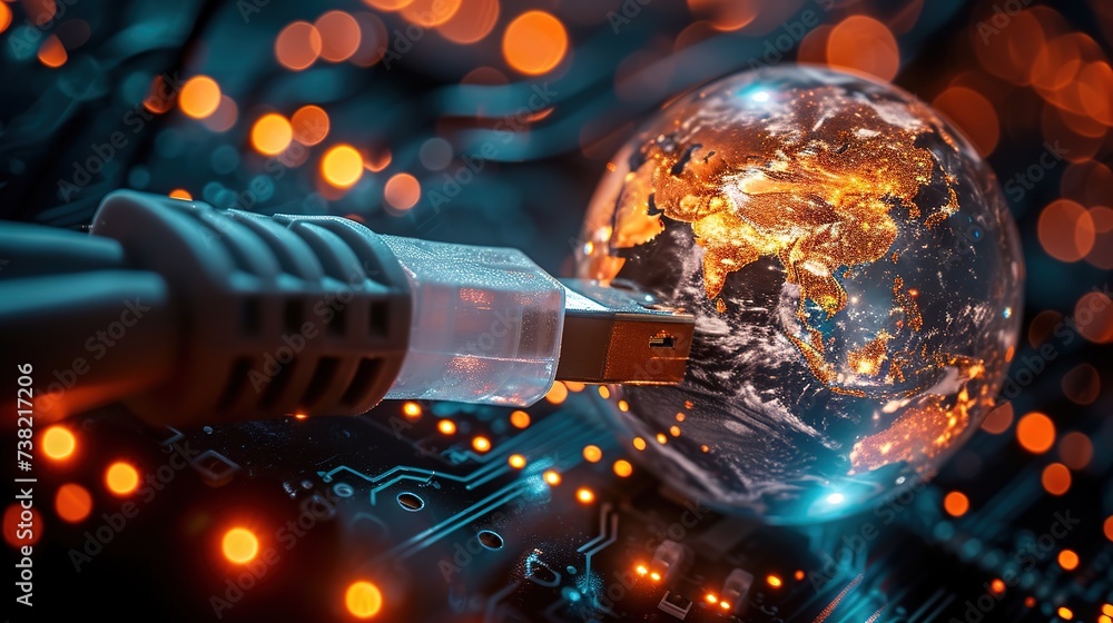 A network cable connected to a glowing globe against a circuit board ...