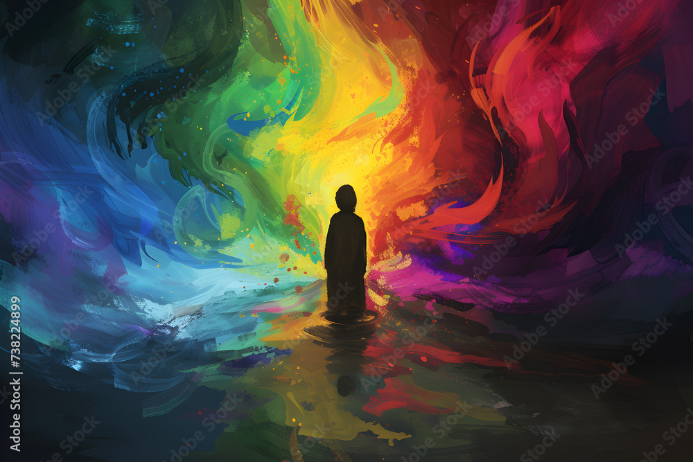 Digital painting of a person surrounded by a spectrum of vibrant colors ...