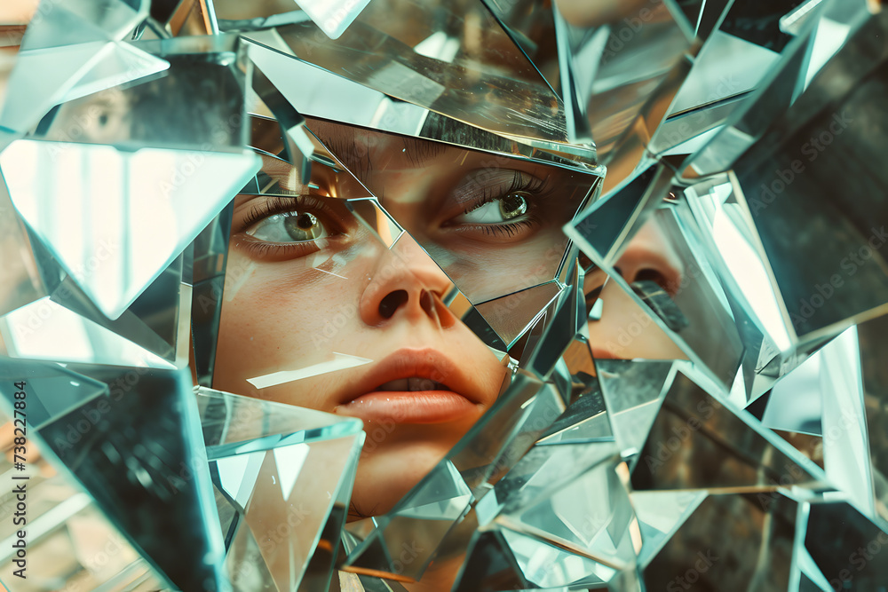 Surreal photograph of a person surrounded by fragmented mirrors ...