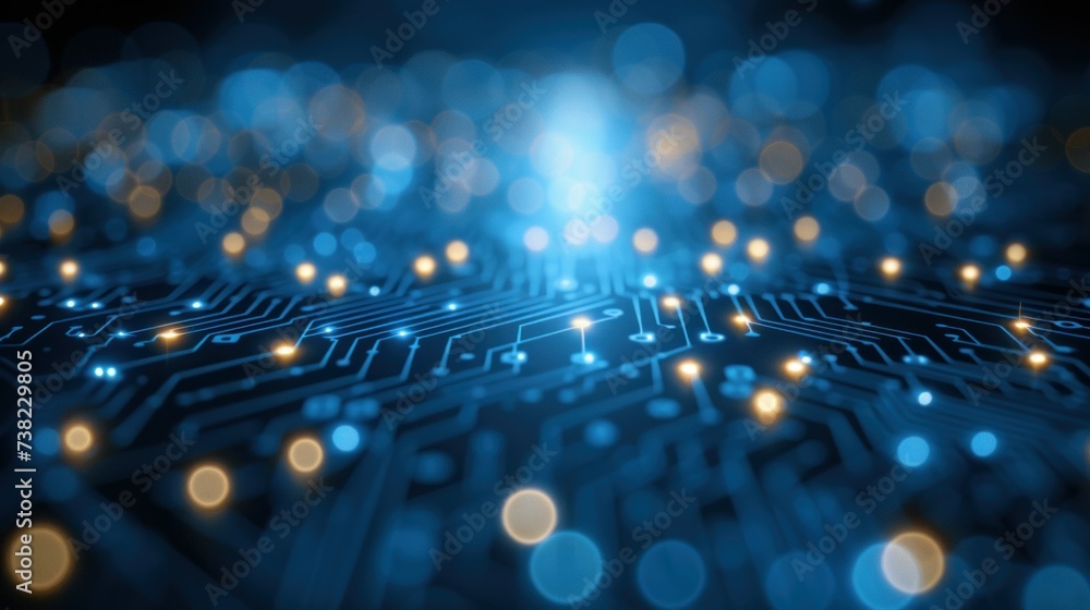 Blue PCB with mesmerizing lines on a dark white and azure backdrop ...